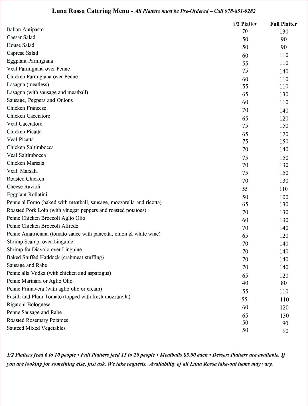 Luna Rossa Ristorante - Tewksbury, MA - Catering